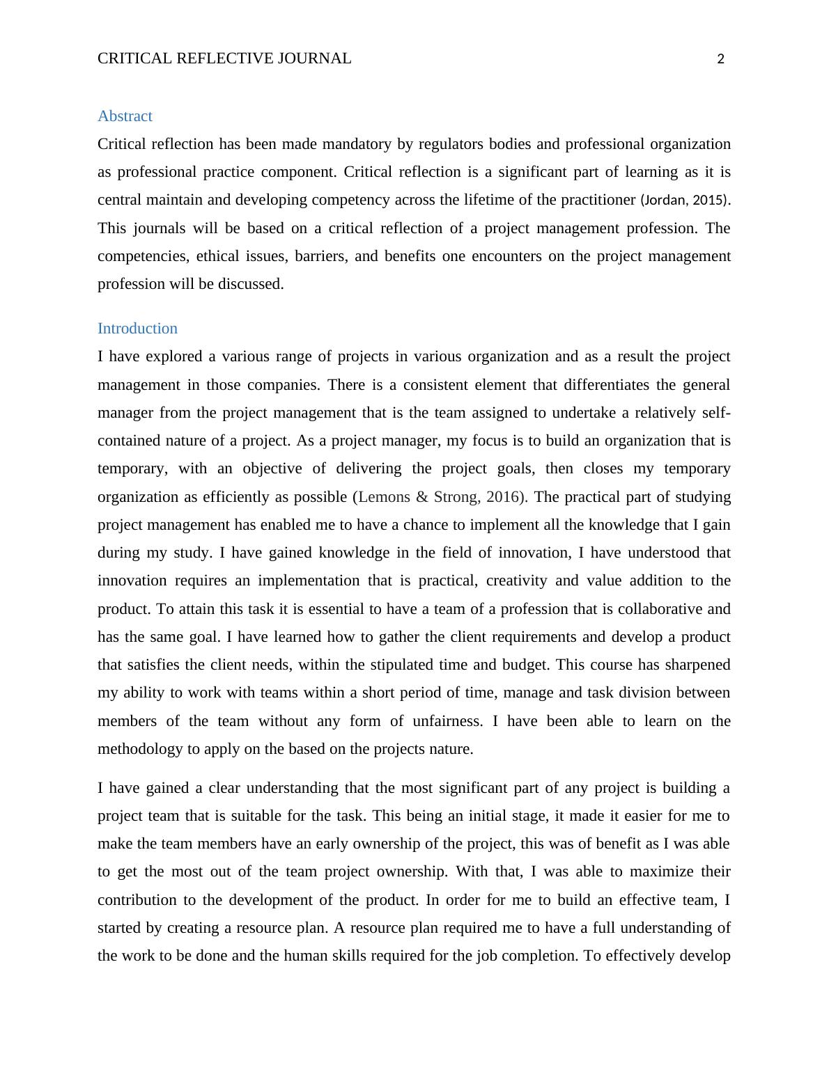 Critical Reflective Journal for Project Management Course