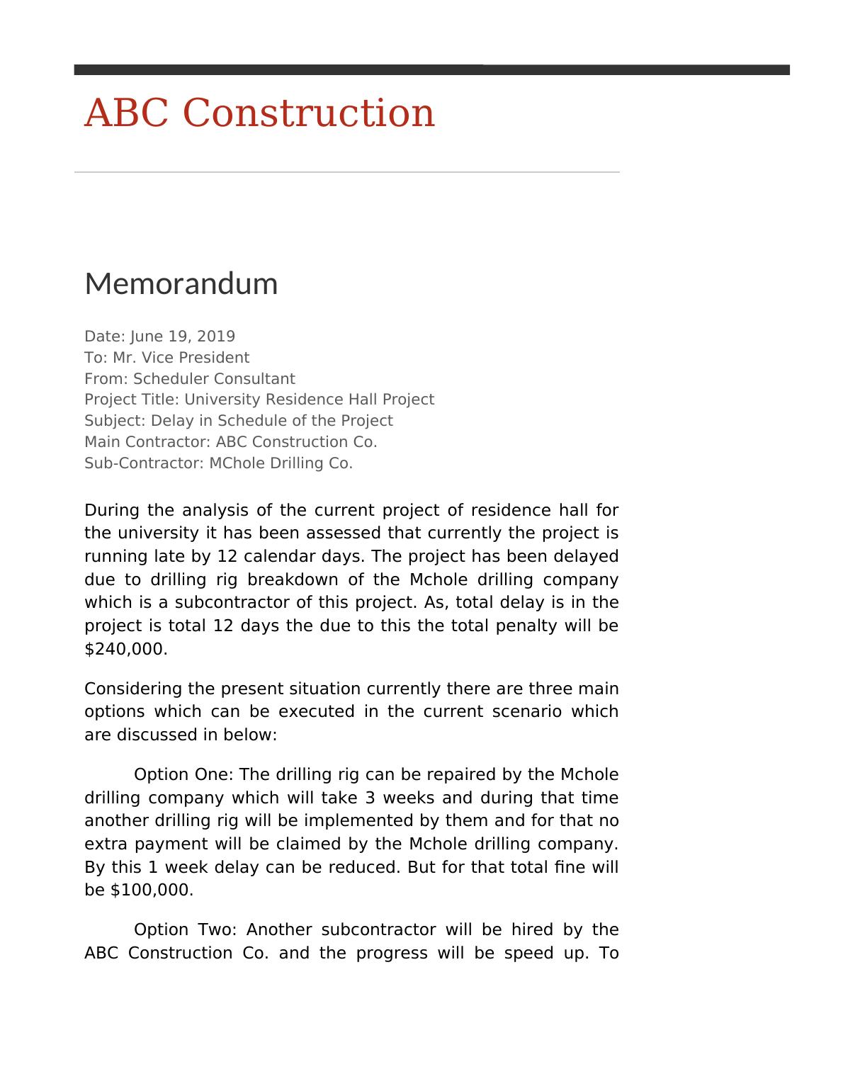 Scheduling Consultant's Memo: Project Delay Options