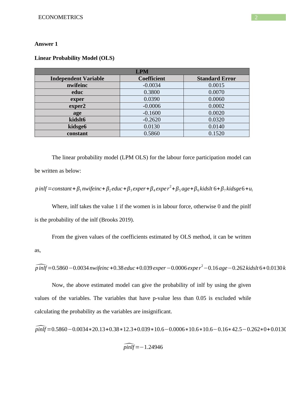 Econometrics: Linear Probability Model, Logit Model, Probit Model