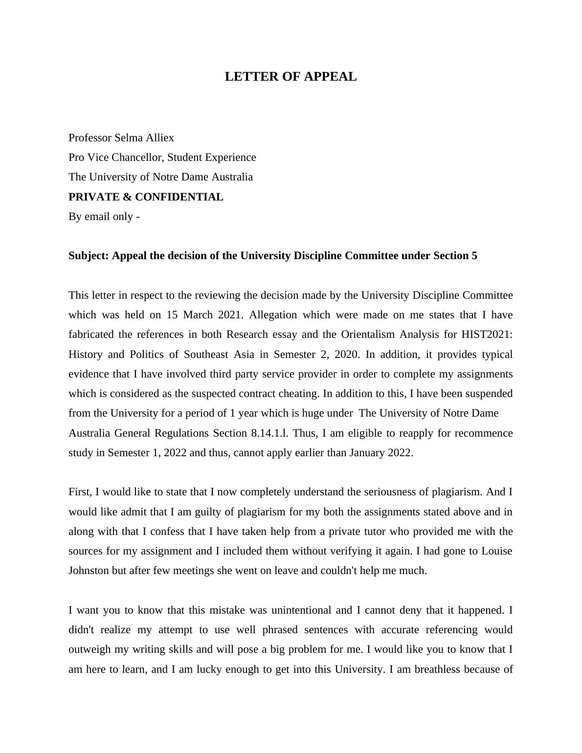 Appeal Letter: HIST2021 Academic Misconduct Appeal