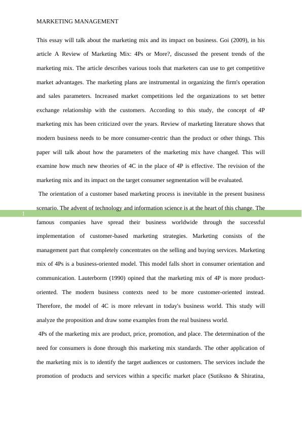 Marketing Management: From 4P to 4C Marketing Mix