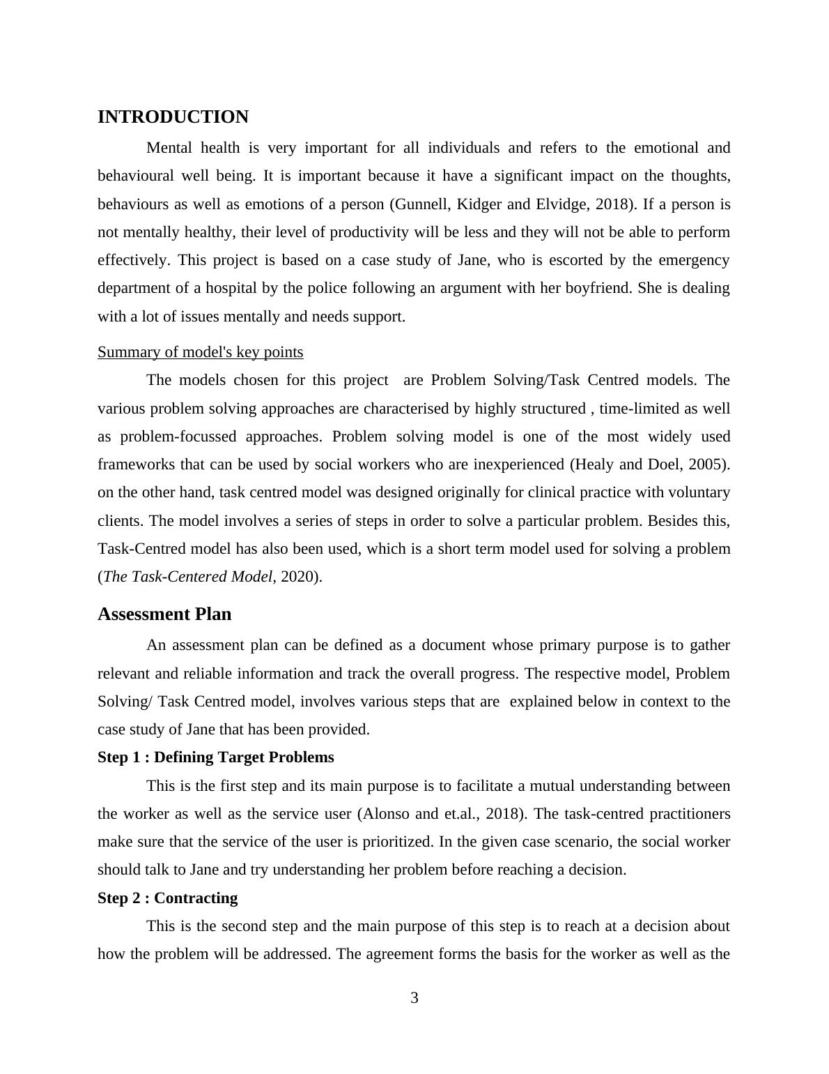 Assessment of Mental Health: Problem Solving/Task Centred Model