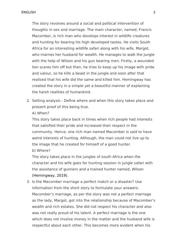 Summary of The Short Happy Life of Francis Macomber by Hemingway