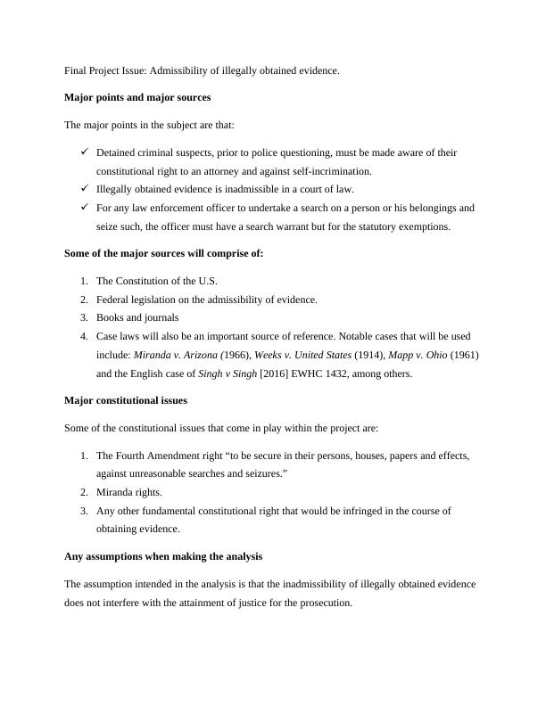 Final Project Issue: Admissibility of illegally obtained