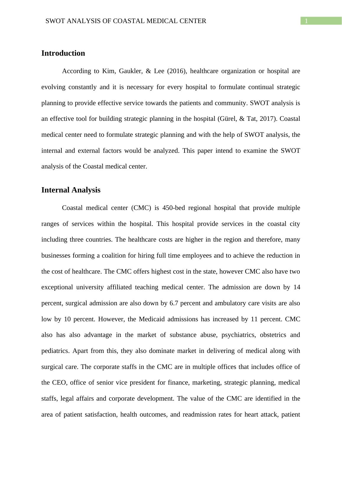 Healthcare: SWOT Analysis of Coastal Medical Center