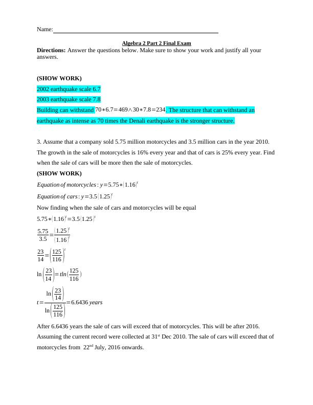 Algebra 2 Part 2 Final Exam Solutions and Explanations