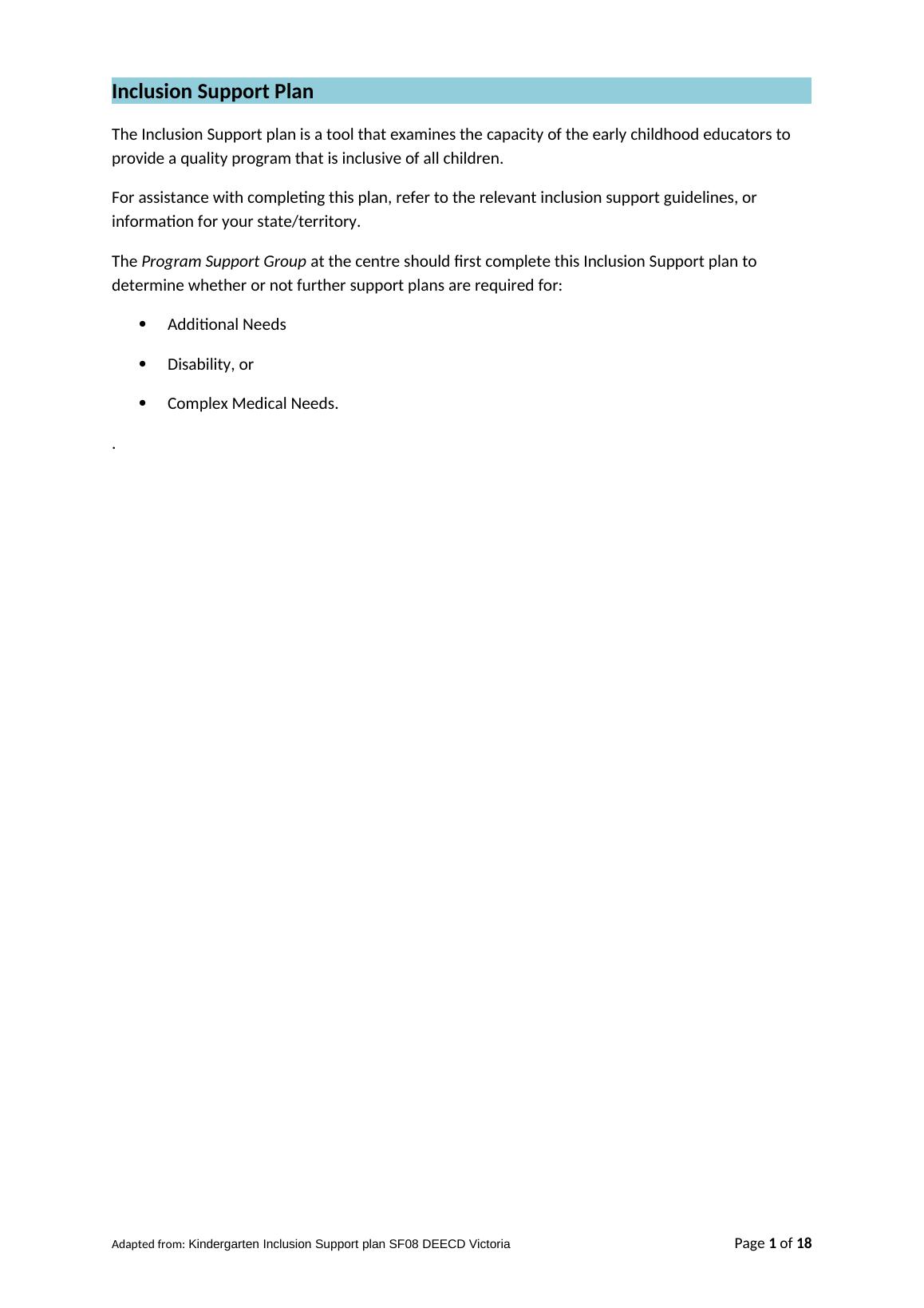 Early Childhood Education: Inclusion Support Plan - K12