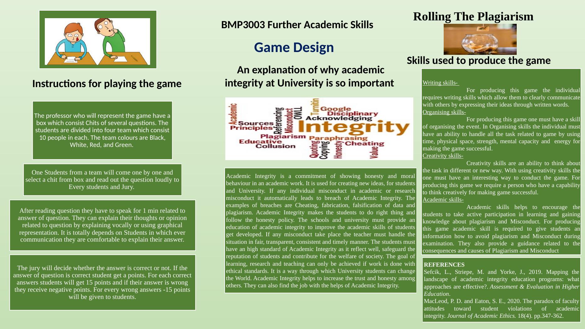 Academic Integrity Game: Learn About Plagiarism, BMP3003