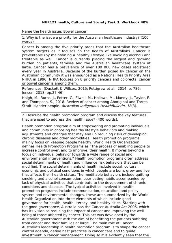 Bowel Cancer Health Promotion: NUR121 Assignment Analysis
