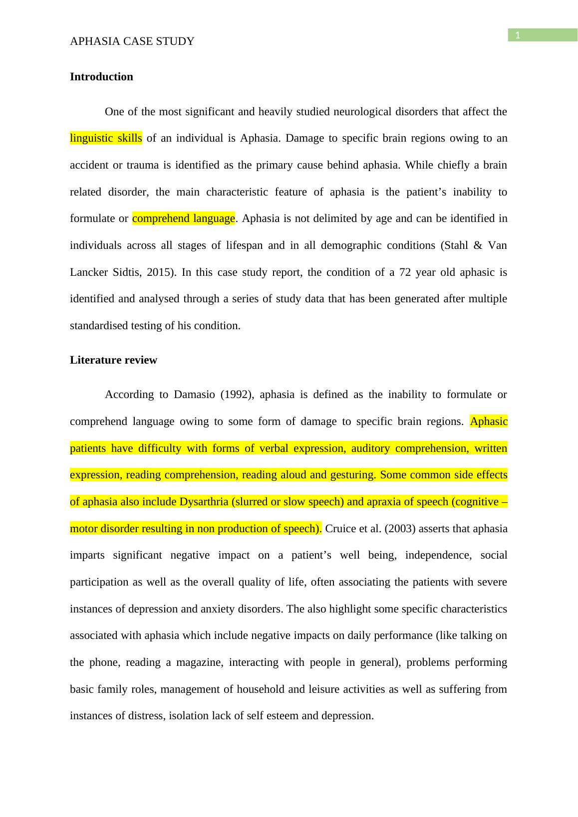 Aphasia Case Study: Assessment and Analysis of David