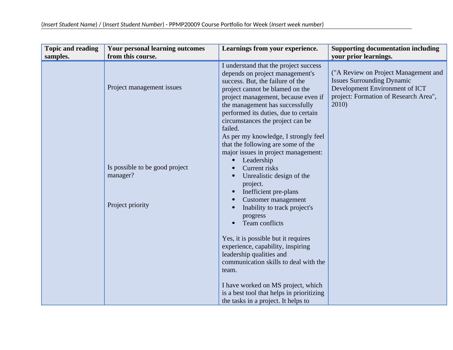PPMP20009 Course: Project Management Portfolio Week 2
