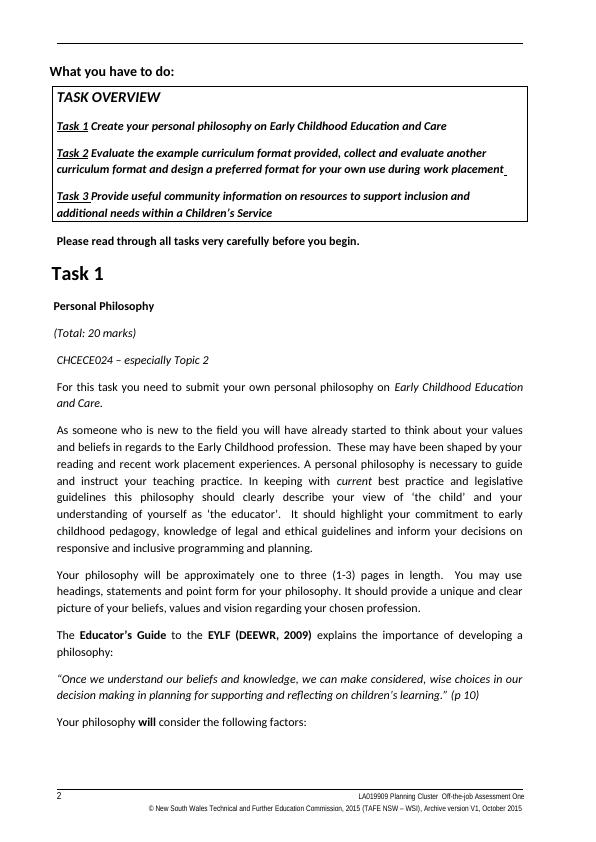 Early Childhood Ed: TAFE NSW Planning Cluster Assessment 1