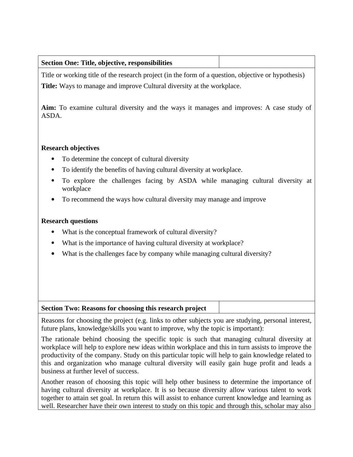Cultural Diversity Management Research Proposal Overview