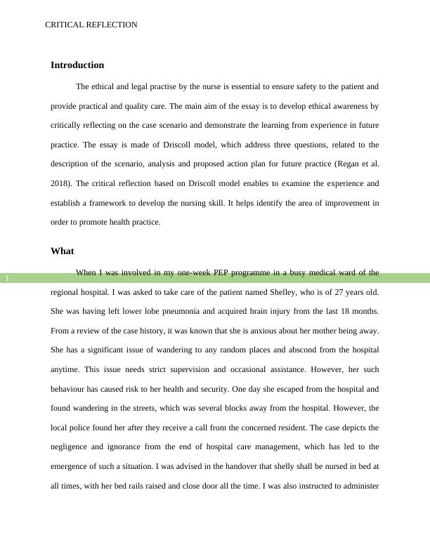 Critical Reflection on Nursing Practice and Ethics