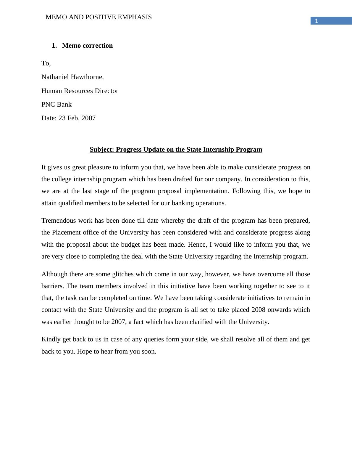 Business Communication: Internship Program Memo Update