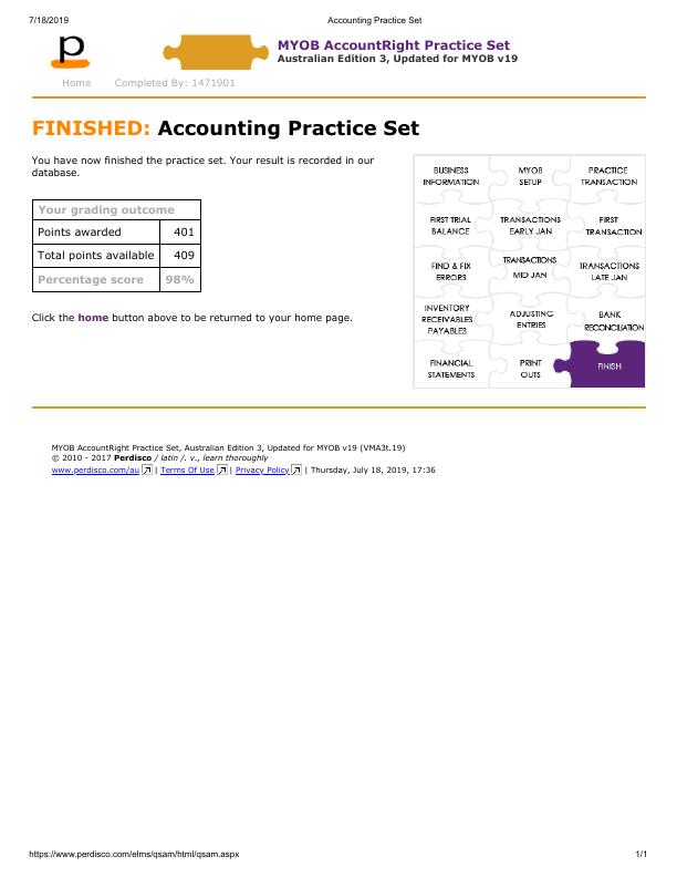 7/18/2019. Accounting Practice Set. MYOB AccountRight P