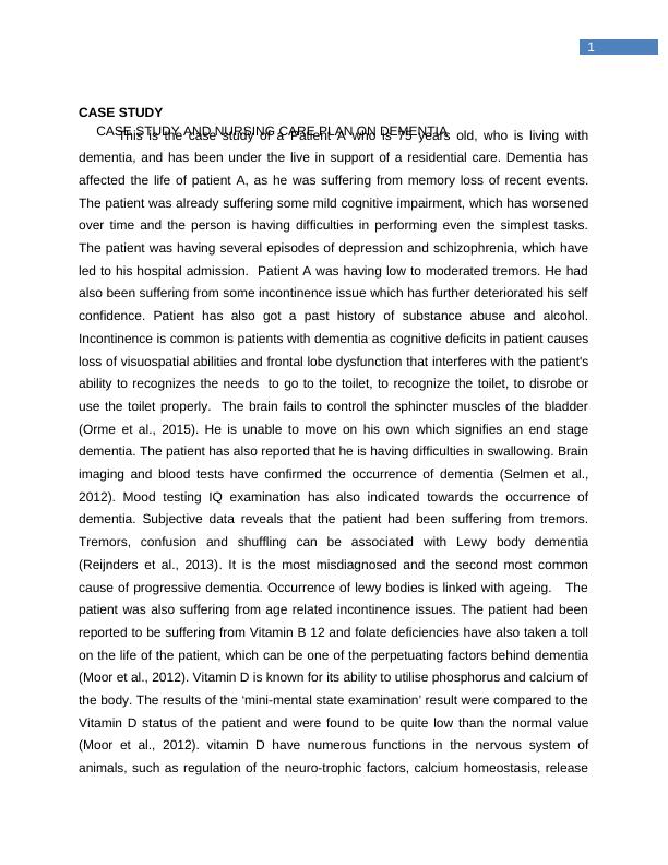 Comprehensive Dementia Case Study and Nursing Care Plan