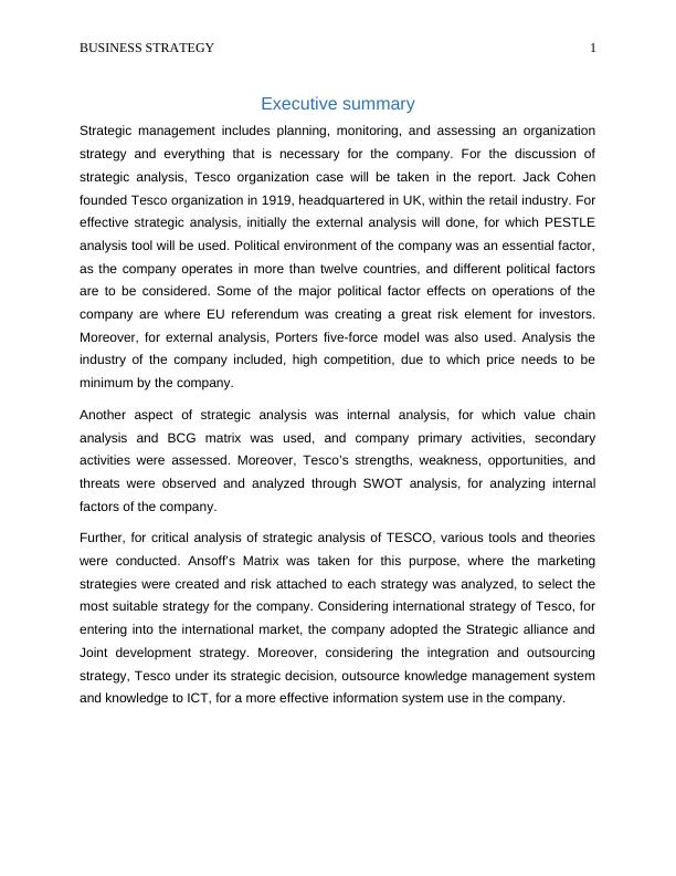 Business Strategy Analysis: A Detailed Tesco Report