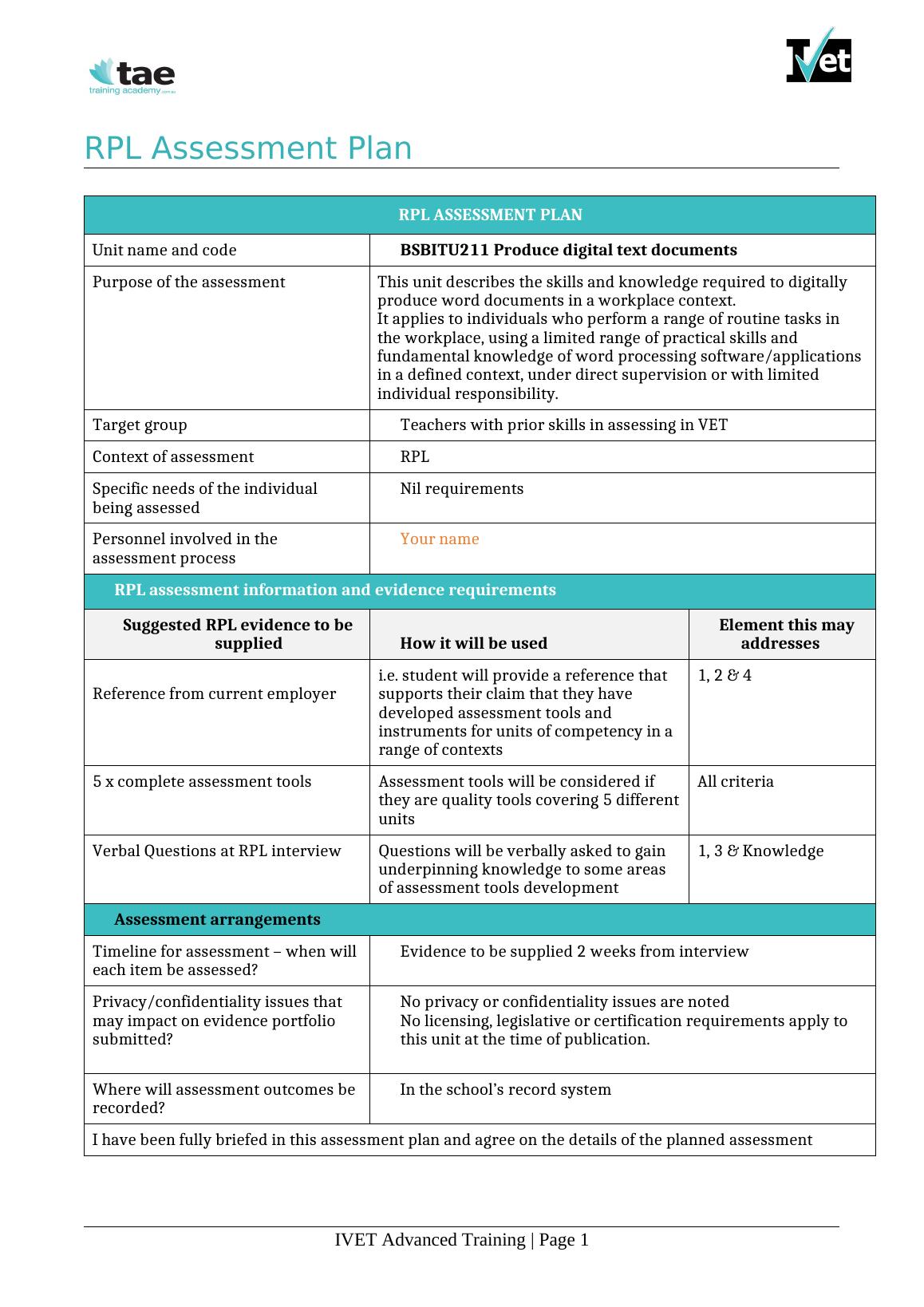 RPL Assessment Plan for BSBITU211 | Desklib