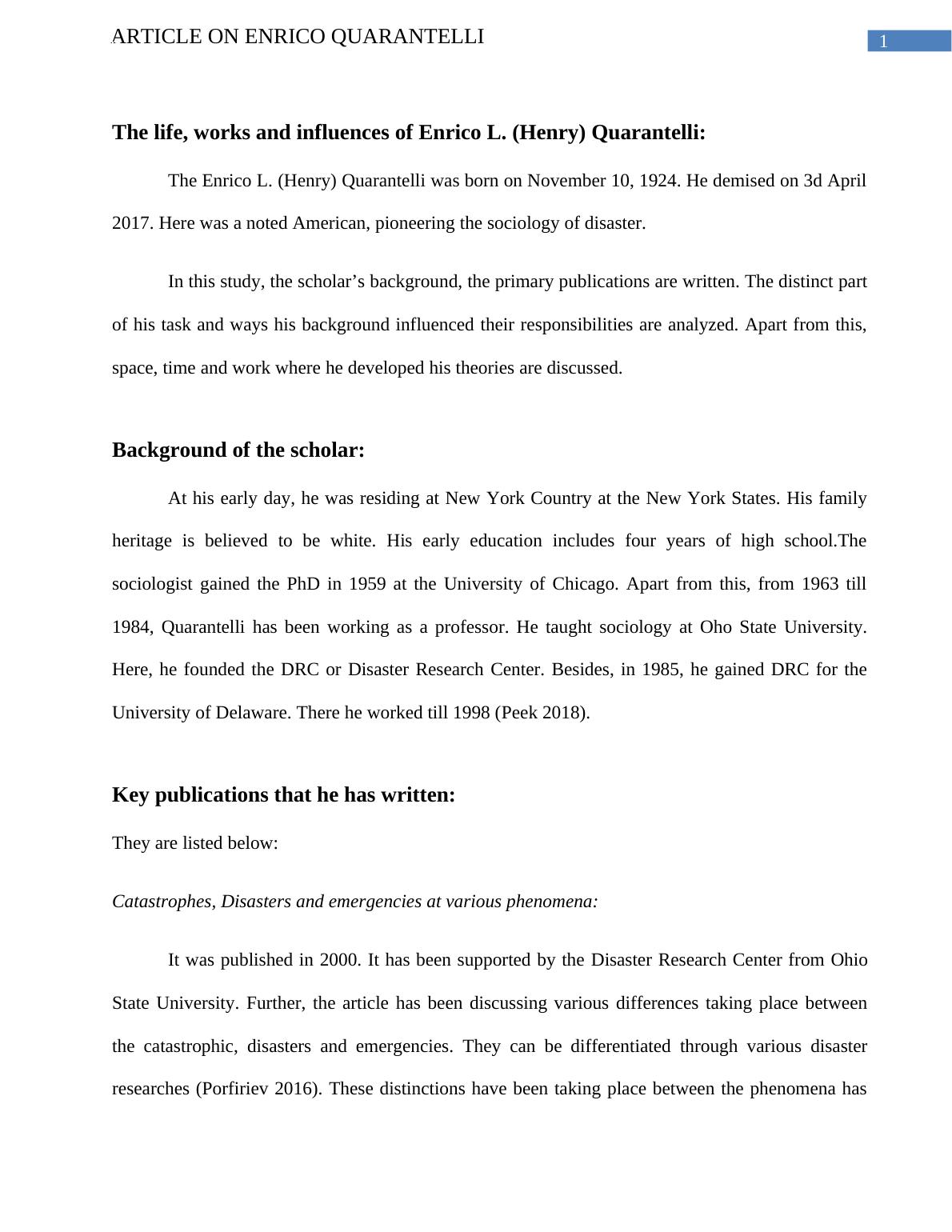 Sociology of Disaster: Enrico Quarantelli's Legacy