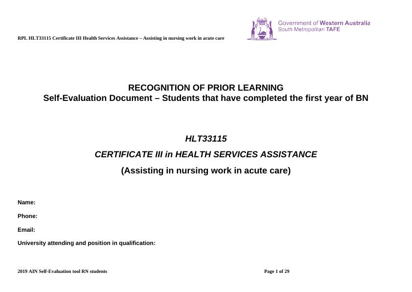 RPL HLT33115 Certificate III Health Services Assistance