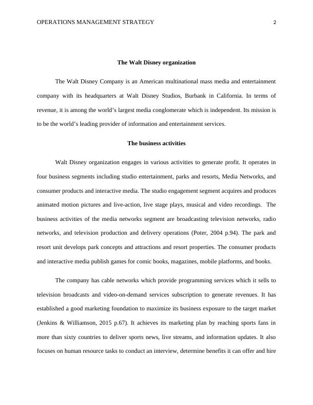 Walt Disney Operations Strategy Analysis - MG4101 UCLan