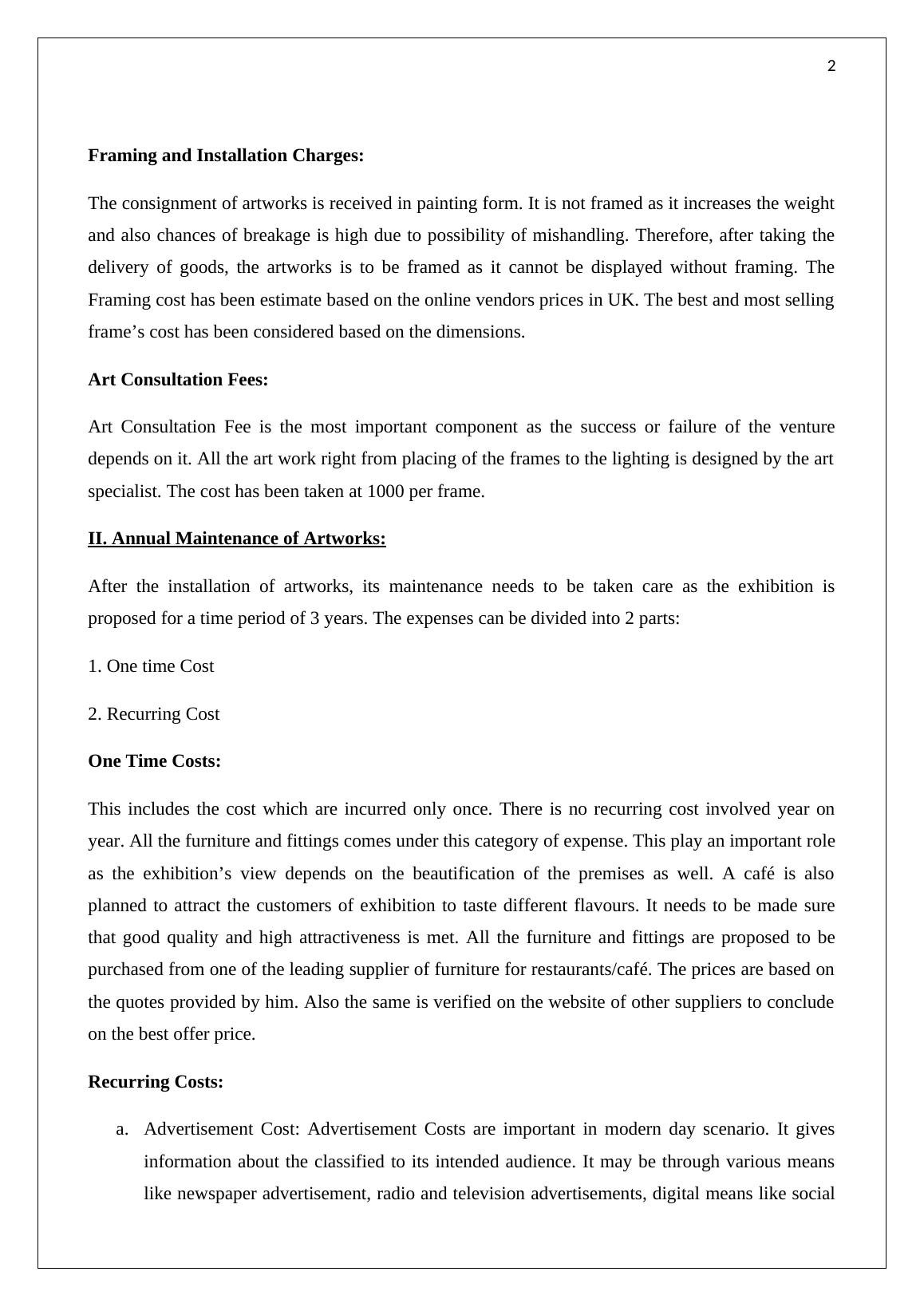 Rationale of Expenses for Art Exhibition - Analysis