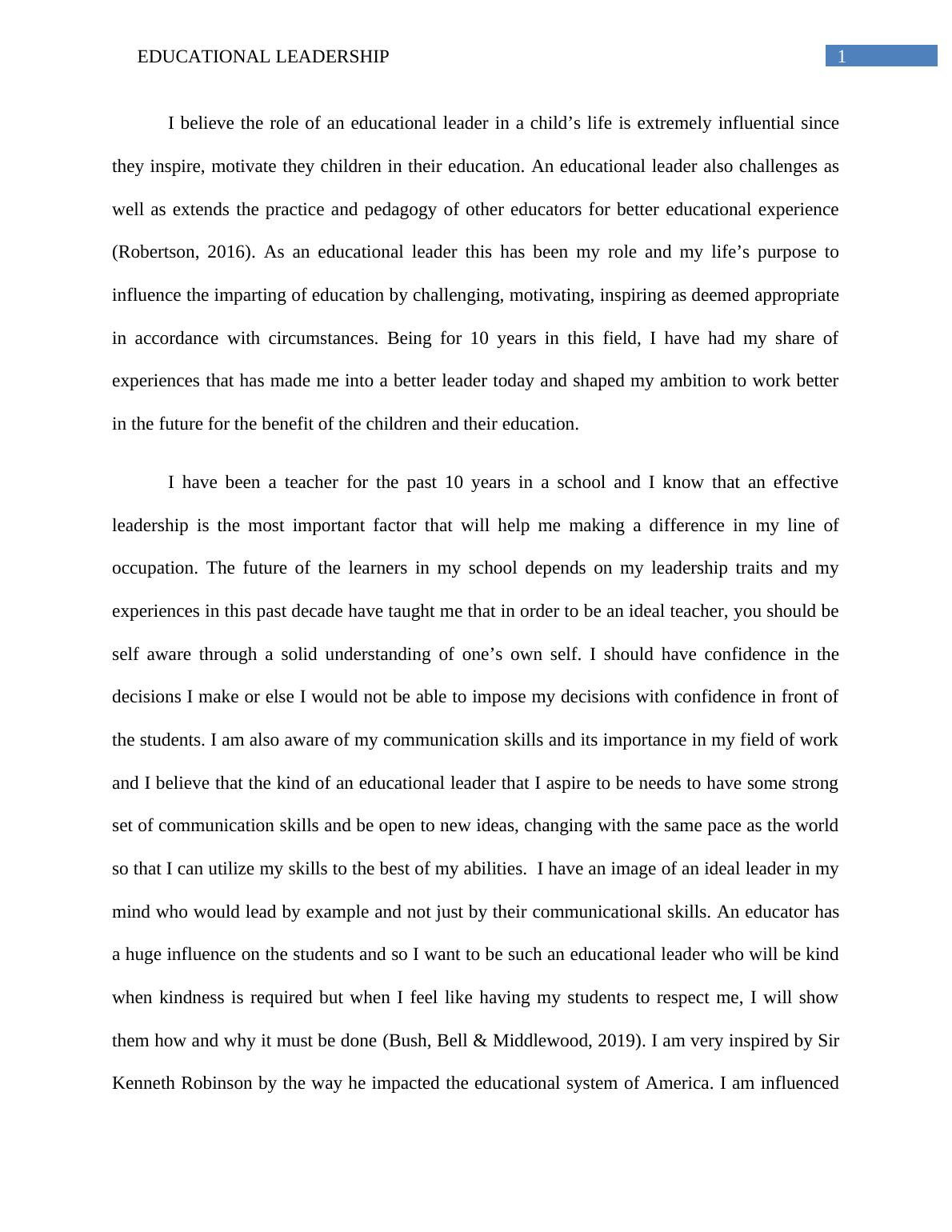 Educational Leadership: Reflection and Future Aspirations