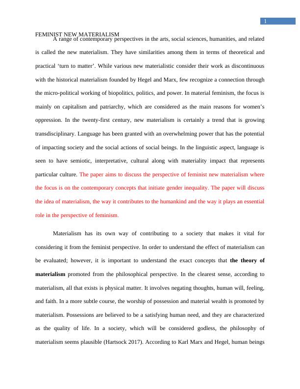 Feminist New Materialism: Gender Inequality in Society