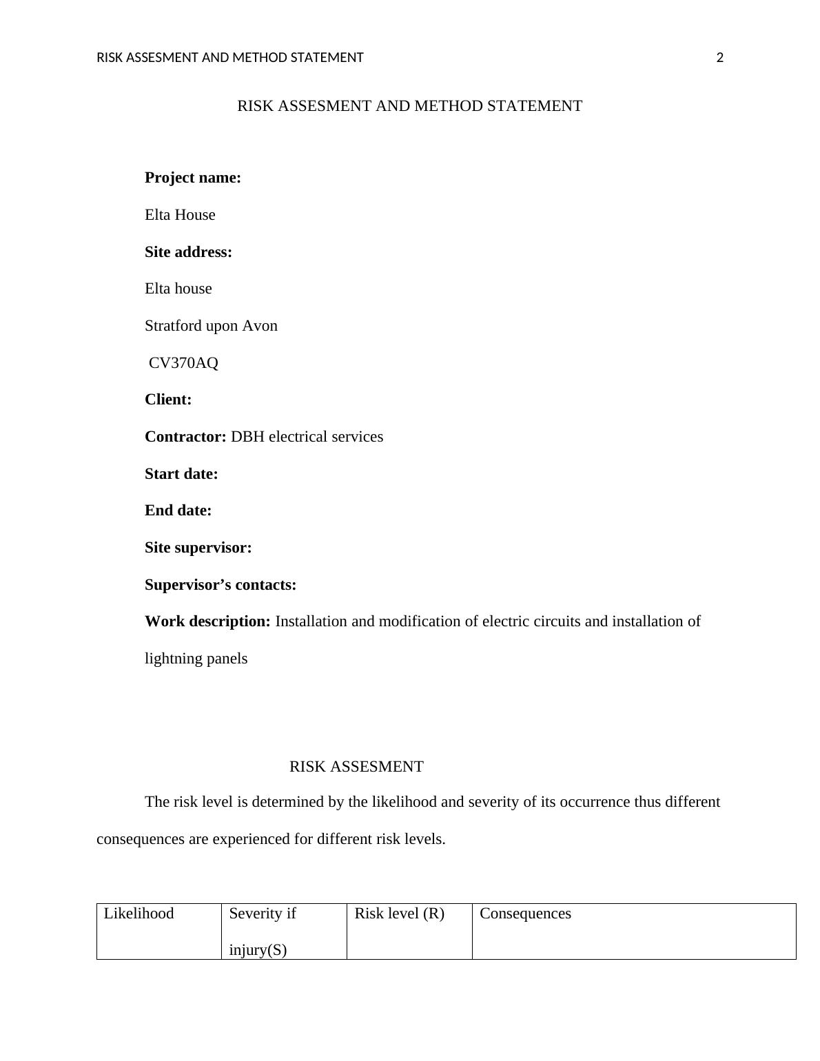 Electrical Installation Project Risk Assessment & Safety