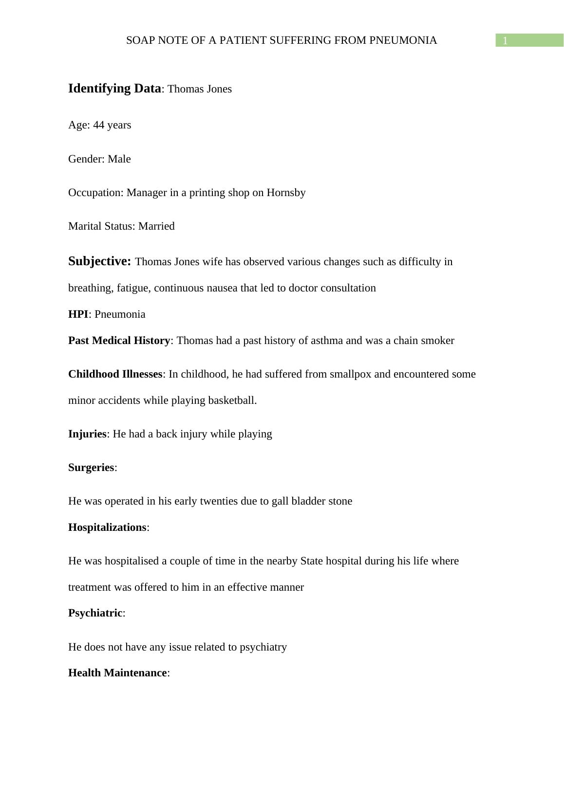Pneumonia SOAP Note: Patient History, Assessment, Plan