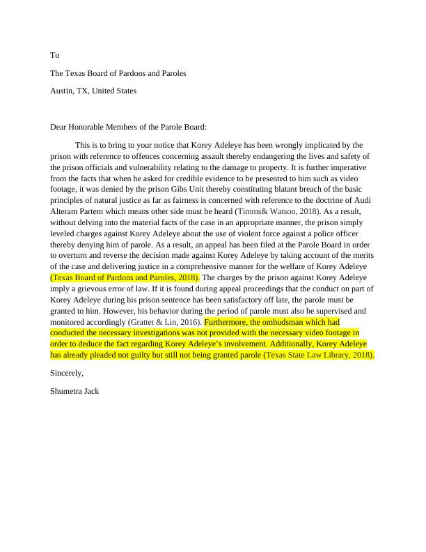 To The Texas Board of Pardons and Paroles Austin, TX, United