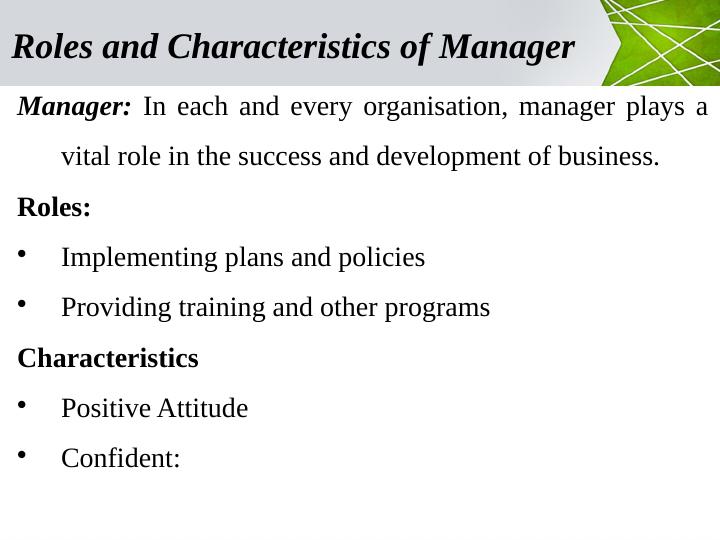 Roles and Characteristics of Manager and Leader