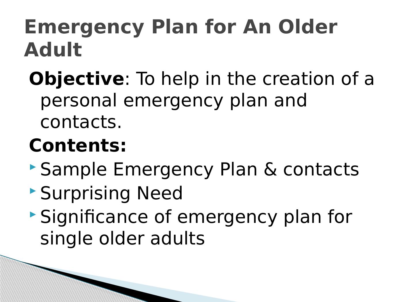 Comprehensive Emergency Plan for Older Adults' Safety