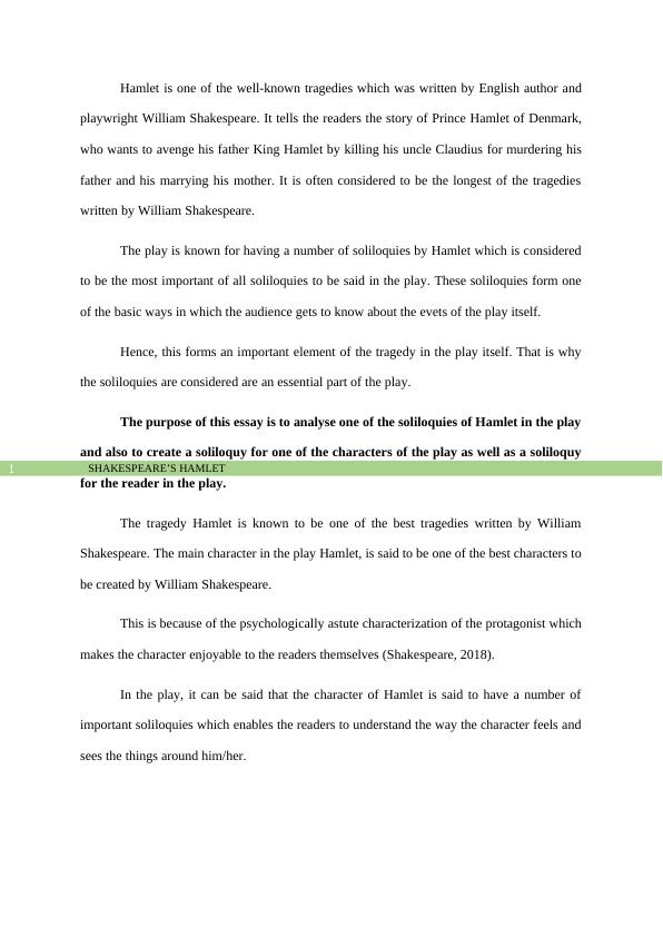 Hamlet Essay: Soliloquies, Character Analysis and Narrative