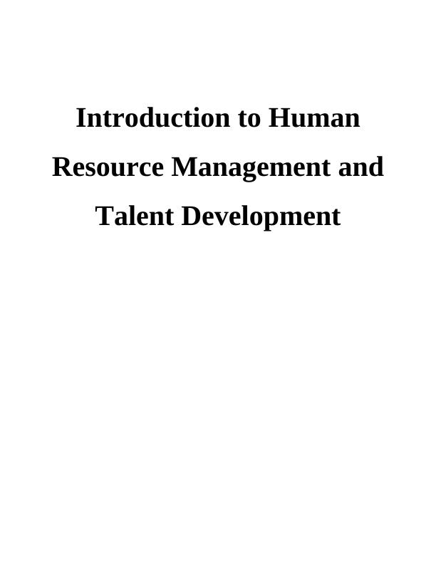 Introduction to Human Resource Management and Talent Development