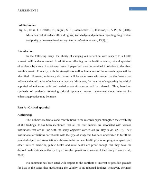 Critical Appraisal Report: HLSC122 Assessment 3, Semester 1