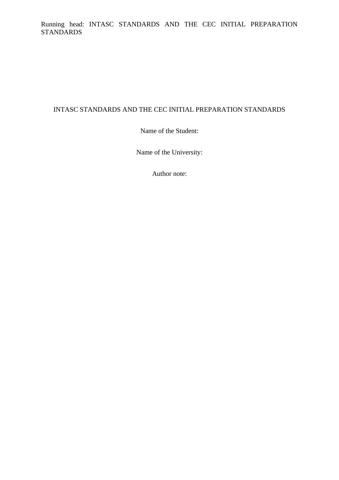 Assignment about Initial Preparation Standards