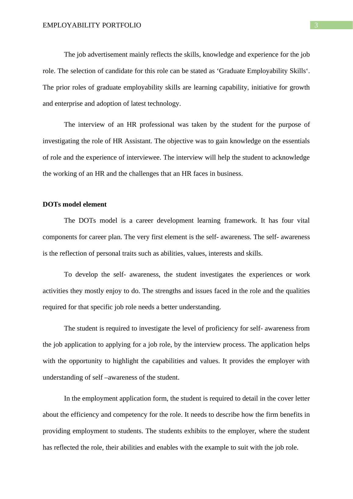 Employability Portfolio for HR Assistant Role with DOTs Model Element