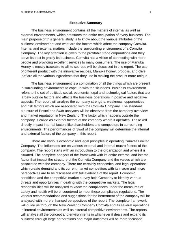 Business Environment Report: Analysis of the Comvita Company