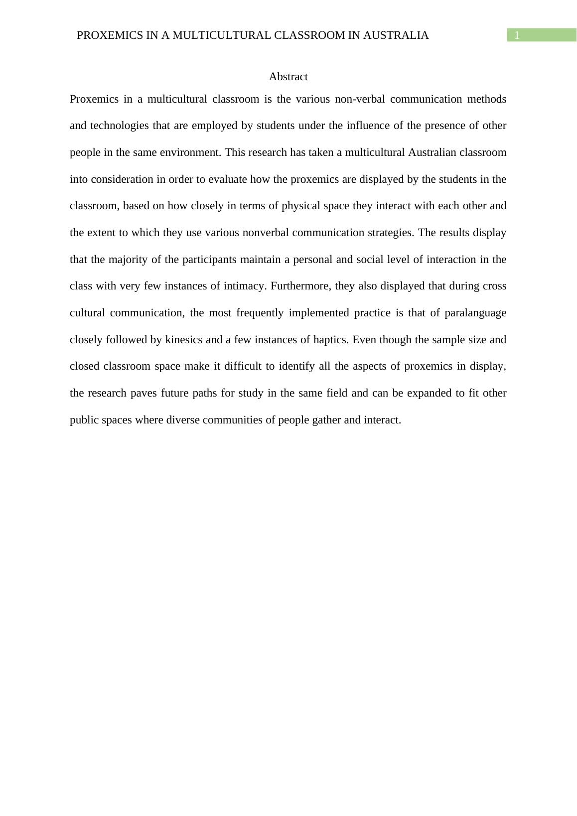 Study of Proxemics: Multicultural Classroom in Australia