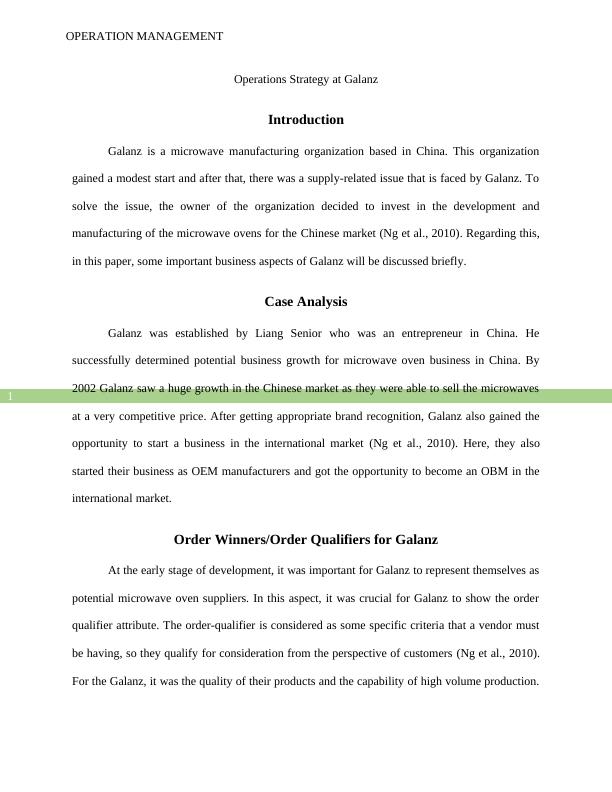Galanz: Analysis of Operation Management Strategies