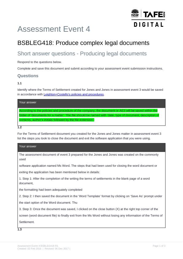 Legal Document Production: BSBLEG418 Assessment Event 4