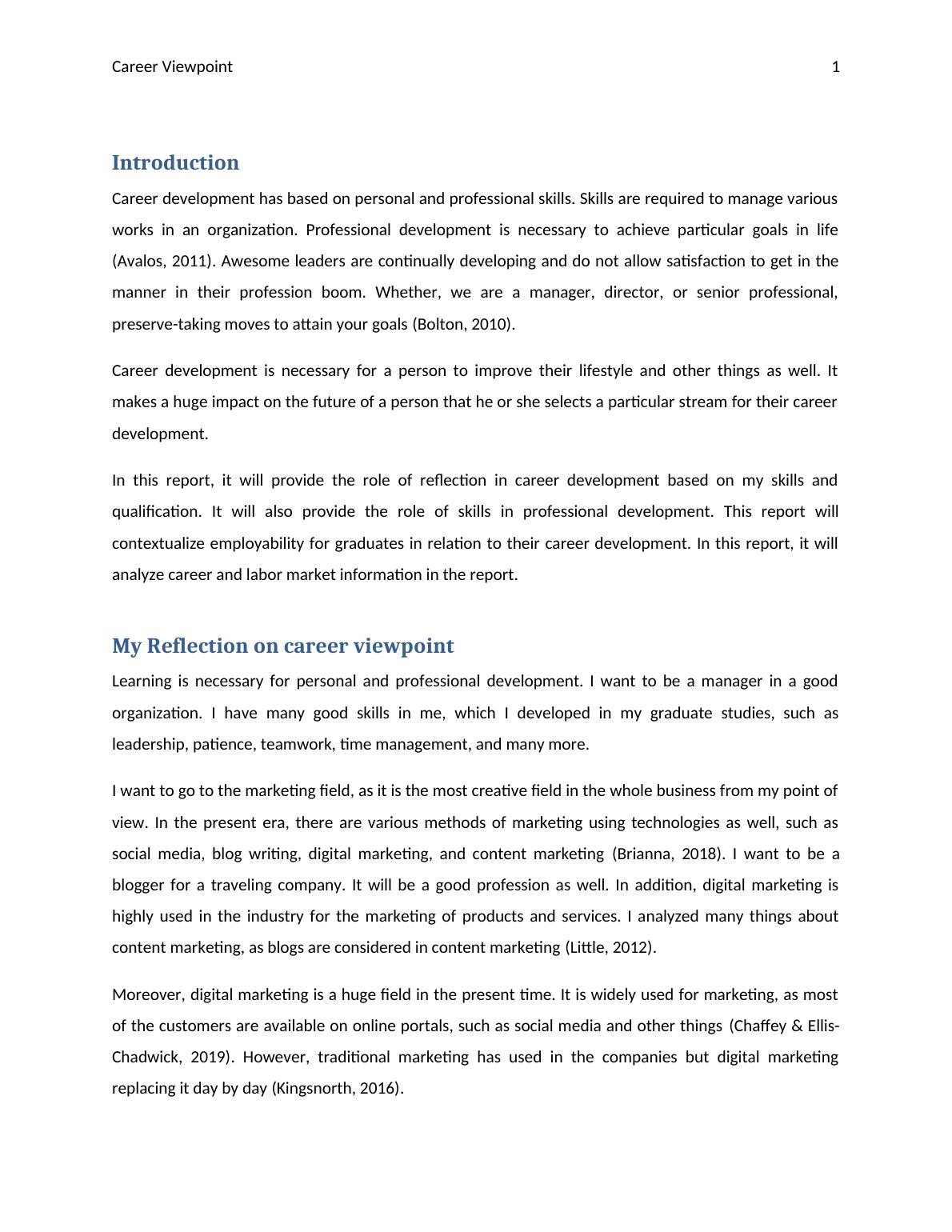 Professional Development: Career Reflection Report