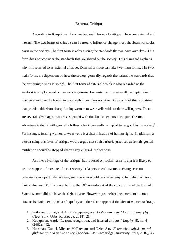 Philosophical Analysis: External and Internal Critique