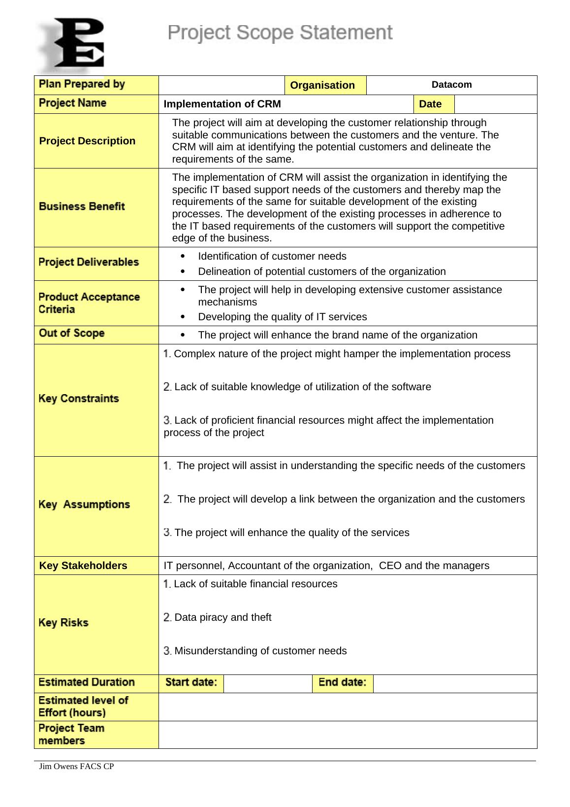CRM Project Scope Statement - Internship Business Project