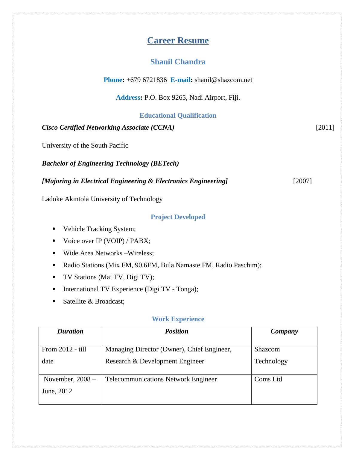 [DOCUMENT] Shanil Chandra Resume