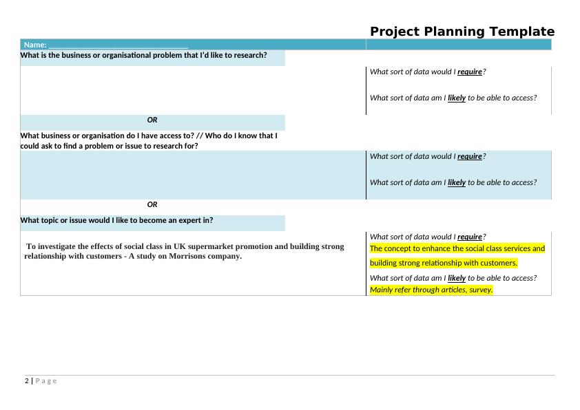 Project Planning Template for Business Development Module