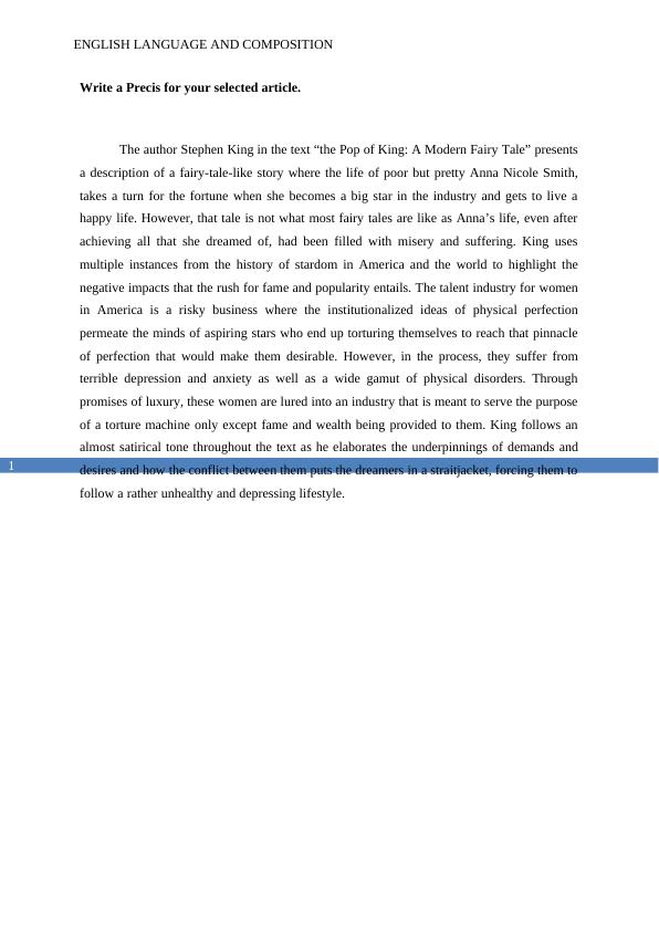 'The Pop of King' Precis: Analysis of Literary Devices