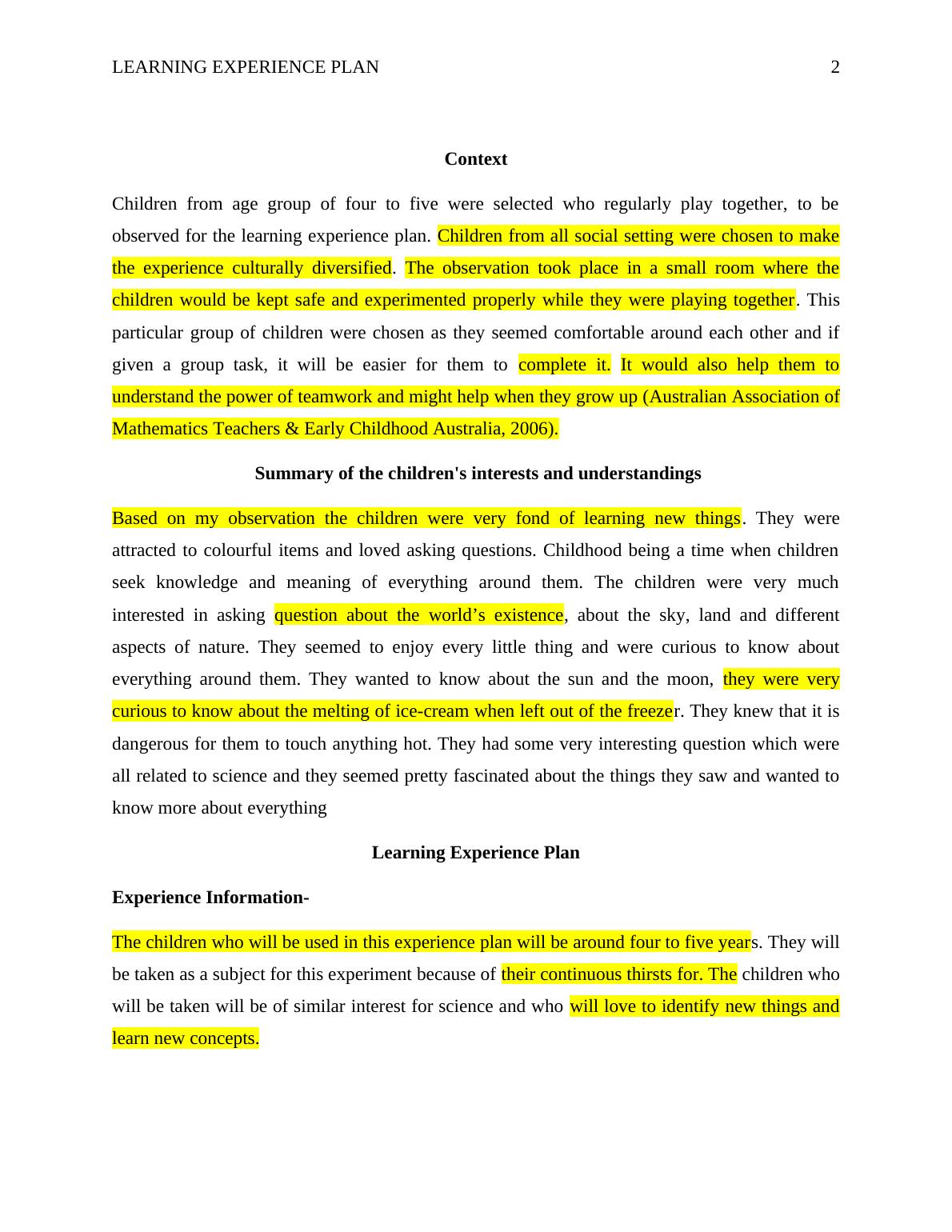 Learning Experience Plan for Children: Basic Scientific Learning